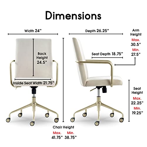 Elle Decor Giselle Modern Home Office Desk Chair, High Back Adjustable Computer Chair with Gold Arms, Base and Wheels, Velvet Fabric, Cream
