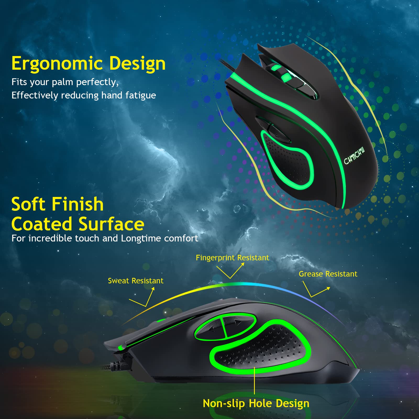 CHONCHOW Gaming Mouse Wired PC Gaming Mice with Backlit 4 Adjustable DPI Up to 7200 and 6 Programmable Buttons Ergonomic Design,USB Optical Computer Mouse for Desktop PC Laptop Gamer & Worker- Black