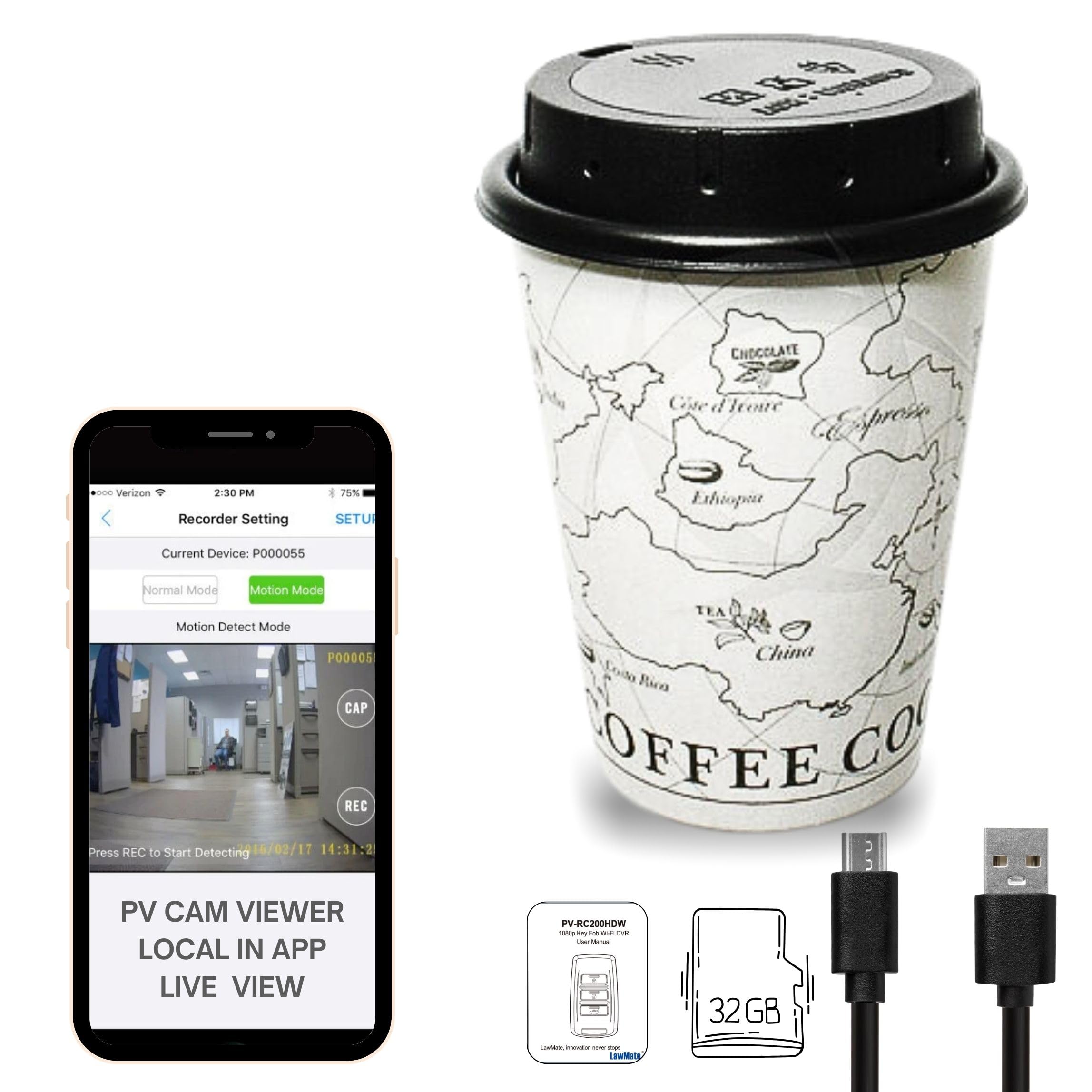 Lawmate PV-CC10W outdoor 1080P Covert Coffee Cup Lid Camera DVR with WiFi with 32GB Micro SD Card, 720p