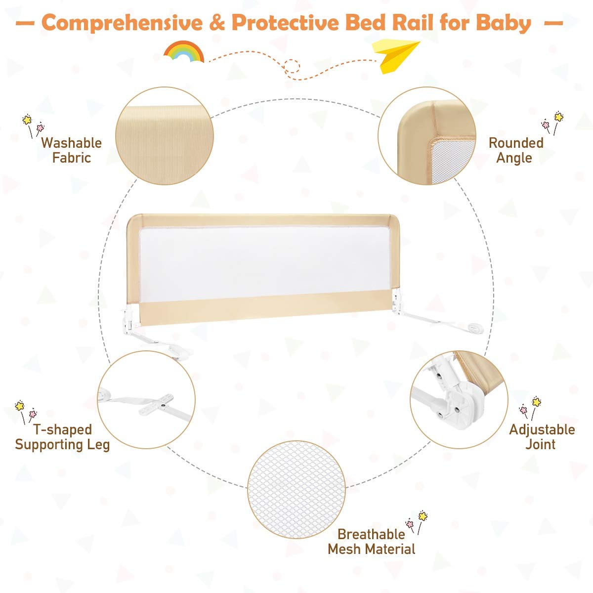 Costzon Bed Rail for Toddlers, 2 PCS Extra Long Swing Down Safety Bed Guards w/Straps for Convertible Crib, Kids Twin, Double, Full Size, Queen & King Bed, Folding Bed Rails for Baby (59-Inch, Beige)
