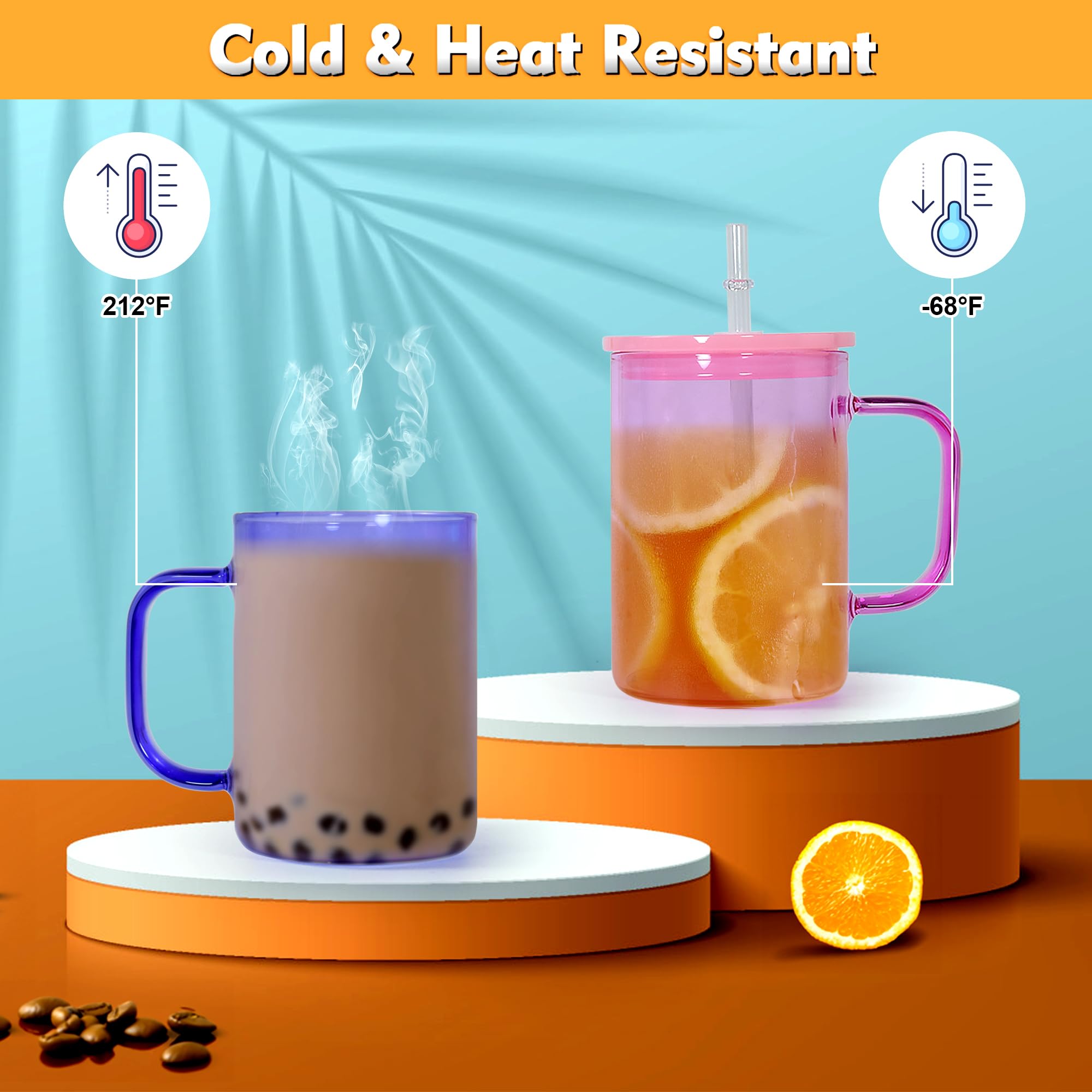 FECBK 15 oz Sublimation Glass Mugs Set, 8 Pack Colorful Tumblers with Handle, Lids & Straws, Reusable, for Beer, Juice, Iced Coffee