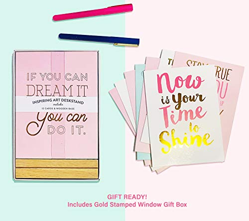 Eccolo Inspirational Cards with Wooden Display Stand, 12 Positive Daily Affirmation Cards for Self Love Practice and Mindfulness, Gift Box, Home or Office Desk Art Decor (5 x 6.75 inches)