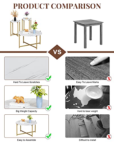 DKLGG Coffee Table Set of 3, Modern Round Coffee Table & 2pcs End Table Faux Marble Tabletop with Gold Cross Base Frame, Modern Living Room Table Sets for Apartment, Small Space (Gold)