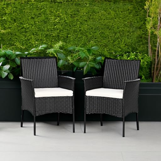 Patio Chairs Set of 2, All Weather Rattan Wicker Dining Chairs with Soft Removable Cushions, Armrest, Outdoor Dining Chairs for Garden, Pool, Backyard, Lawn, Porch, Black