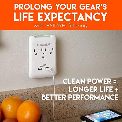 ECHOGEAR Outlet Extender Multiplug with 3 AC Outlets & 2 USB Ports β Low Profile Design Sits Just 1.1" from Wall - Protects Your Gear with 540 Joules of Surge Protection
