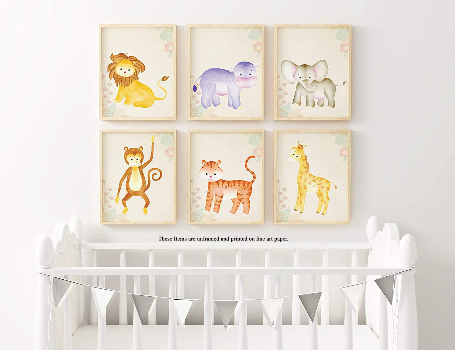 Safari Nursery Decor Jungle Baby Animals Prints for Nursery Decor Art - Large Giant Collection - 6 UN-Framed Neutral Kids Stuff Animal Theme Wall Prints. Elephant Giraffes boy Lion Buddies (5x7)