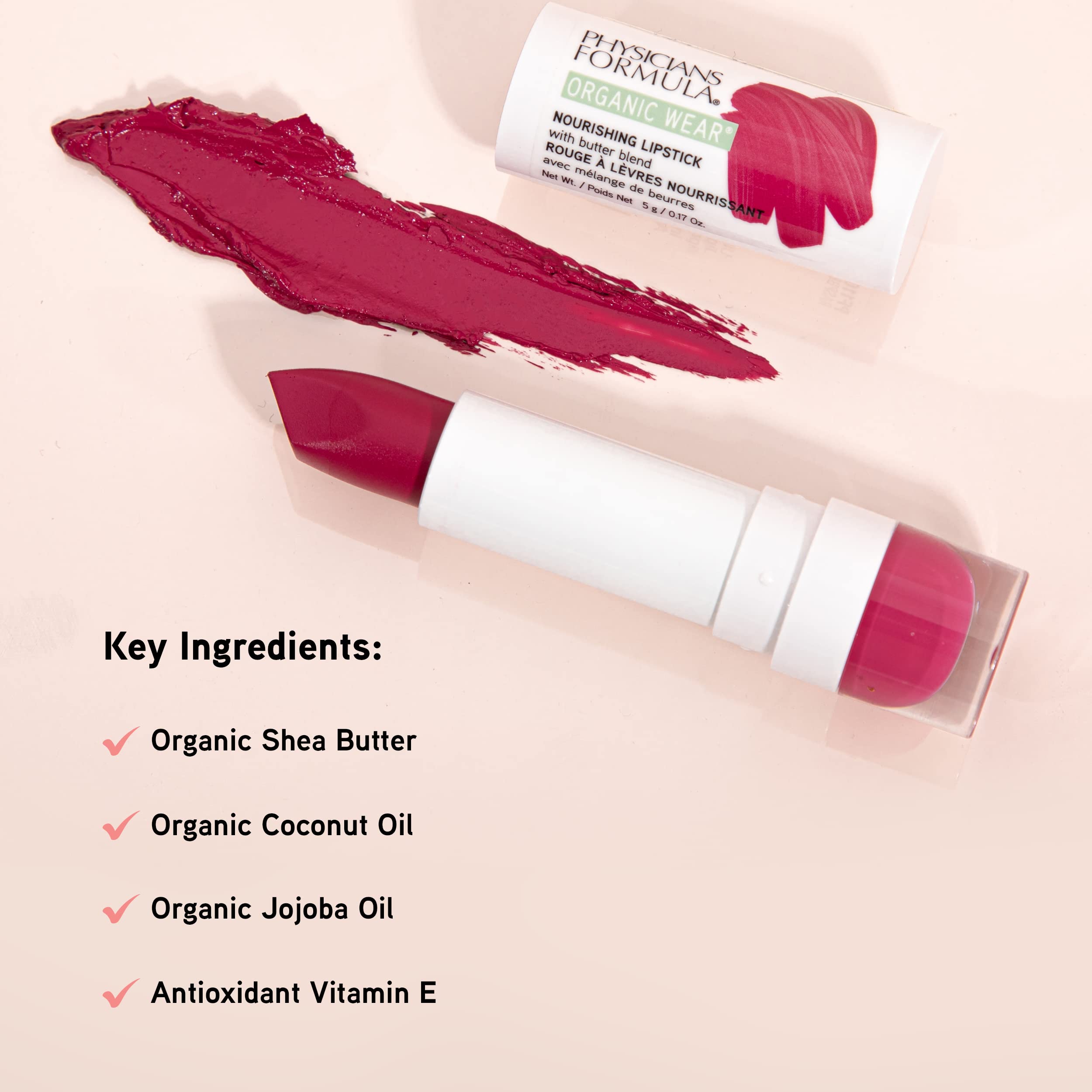 Physicians Formula Organic Wear All Natural Lipstick, Buttercup, Nourishing, Dermatologist Approved, Gluten Free
