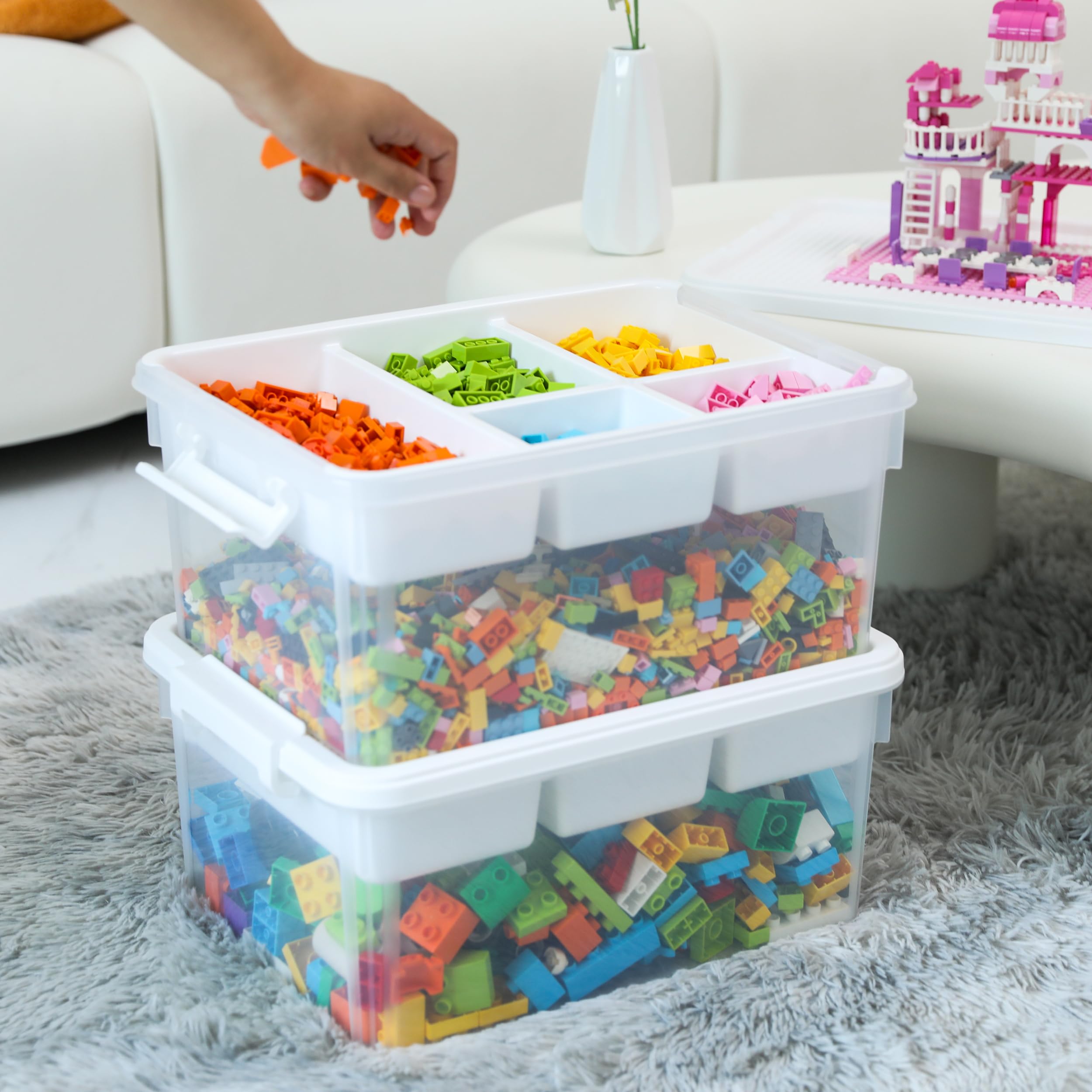 Citylife 17 QT Plastic Storage Box with Building Baseplate Lid and Removable Tray Craft Organizers and Storage Clear Storage Container for Organizing Lego, Bead, Tool, 2 Packs
