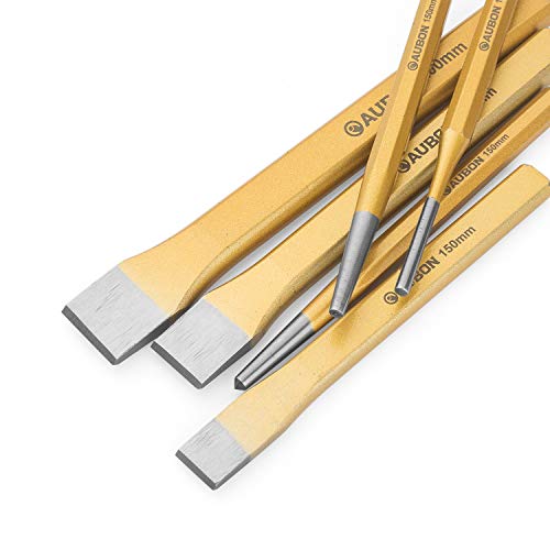 Acrux7 6 Pcs Cold Chisel Set - Flat Chisel, Center Chisel, Cylindrical Chisel, with Canvas Bag, Cone Chisel for Brickwork, Concrete, Metal, Stone
