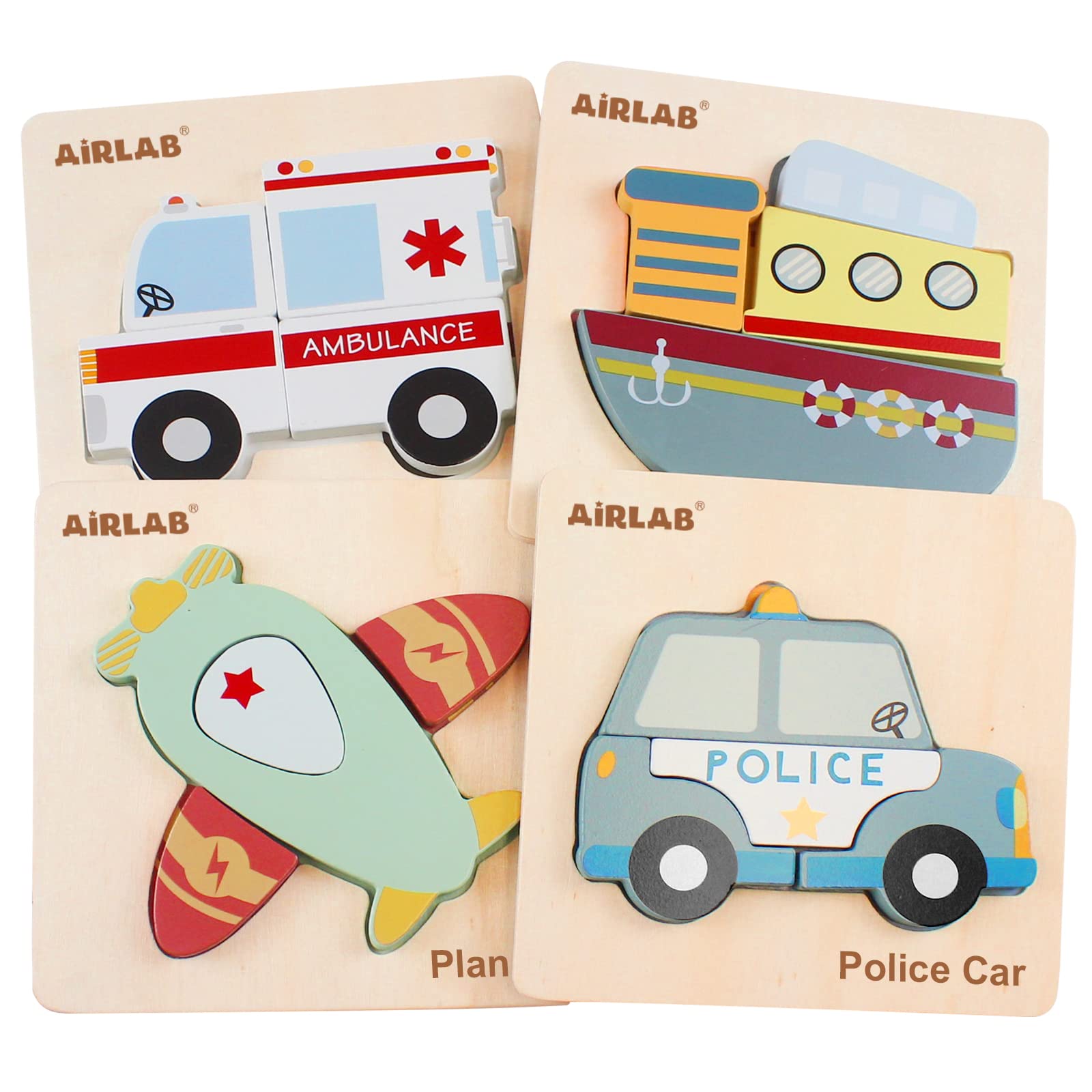 Wooden Toddlers Puzzles Transportation Shape Puzzle Toys for Travel Airplane Portable Montessori Toys for Boys Girls 3-4 Year Old Baby Gifts Pack of 4 with Drawstring Bag