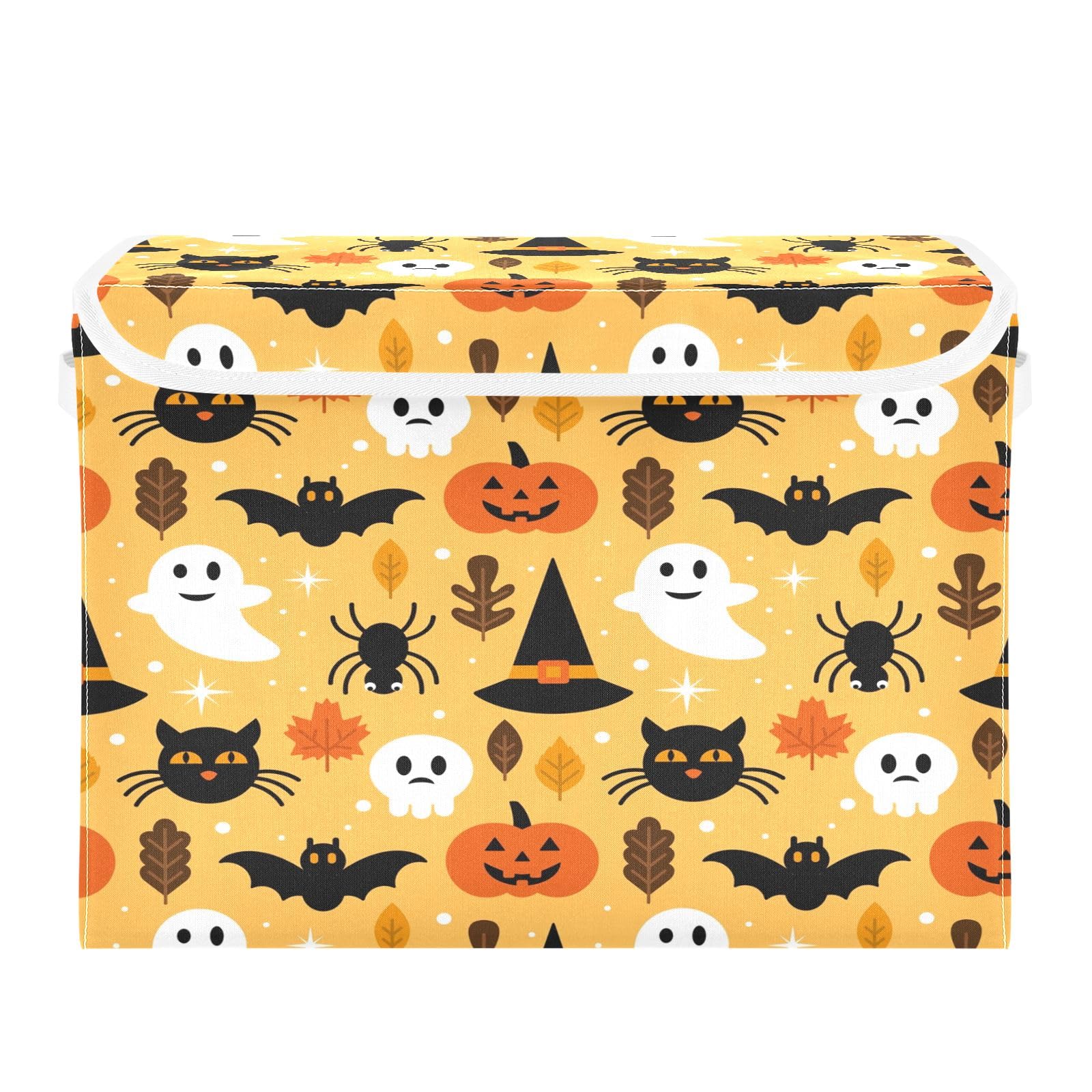 Storage Bins with Lids and Handles, Halloween Seamless Pattern Design with Ghost Skull Pumpkin and Cat Storage Box Storage Basket with Cover Collapsible Organizer Containers for Home