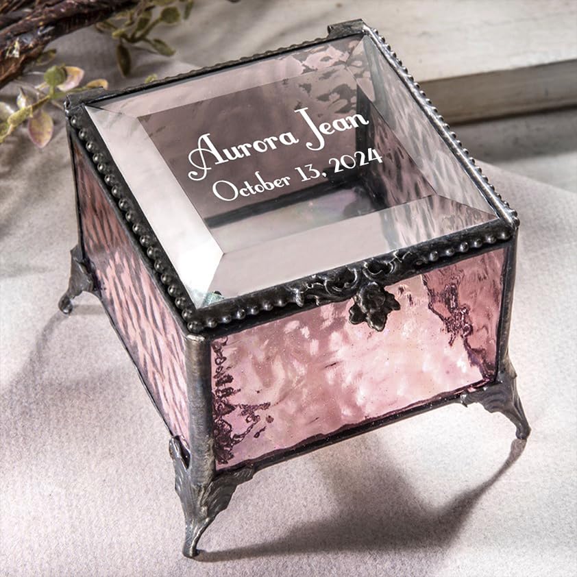 Personalized Baby Keepsake Box Customized Baptism Christening Gift Engraved Glass Jewelry Trinket J Devlin Box EB217-2 (Pink)