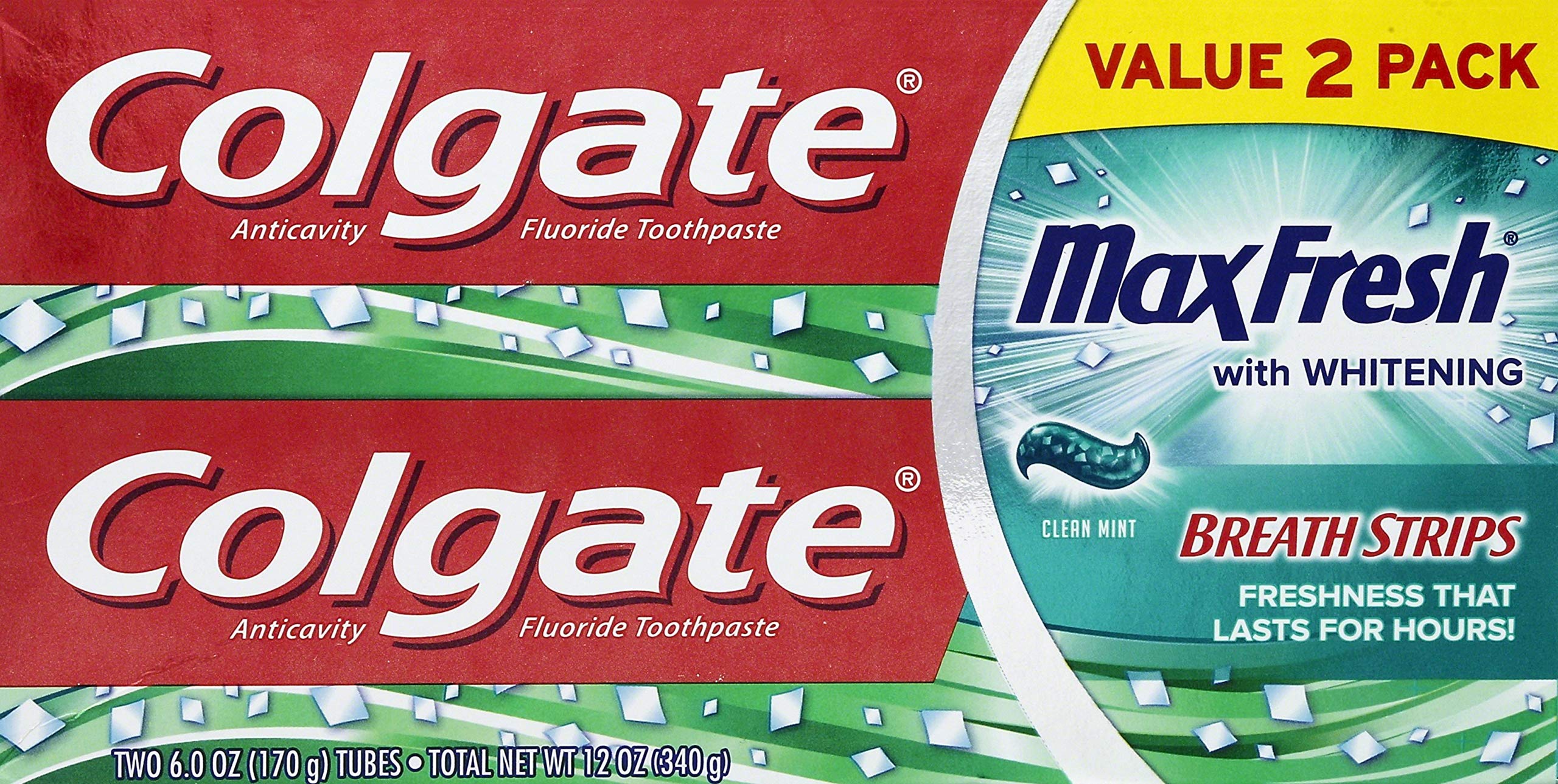 Colgate MaxFresh Clean Mint Toothpaste with Mini Breath Strips, 6 oz, (2 Tubes)