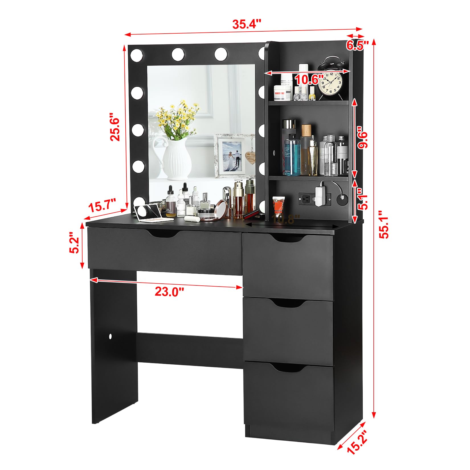 JoanKaren Modern Vanity Makeup Desk with Vanity Mirror, Built-in Lights, 4 Drawers, Crystal Ball Knobs, Power Outlet, White Makeup Desk for Bedroom