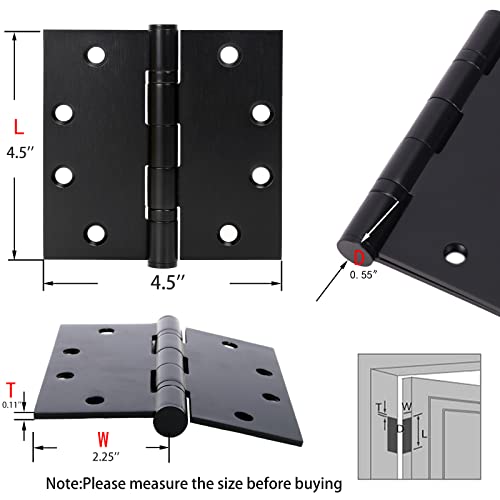 Black Heavy Duty Commercial Door Hinge with Silent Steel Plain Bearing, 4.5 inch X 4.5 inch, Thickness 3 mm Stainless Steel,Super Bearing Capacity(3 Pack)