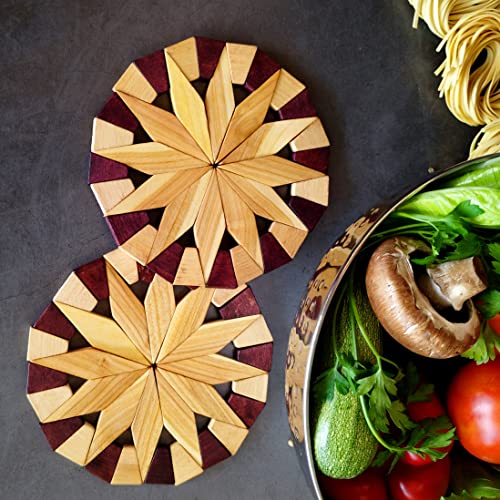 ECOSALL Natural Wood Trivets for Hot Dishes, Table and Kitchen Counter Set of 2 – Sturdy and Durable 7-inch Wooden Kitchen Hot Pads. Festive Design Table Décor – Housewarming and Kitchen Gift Idea