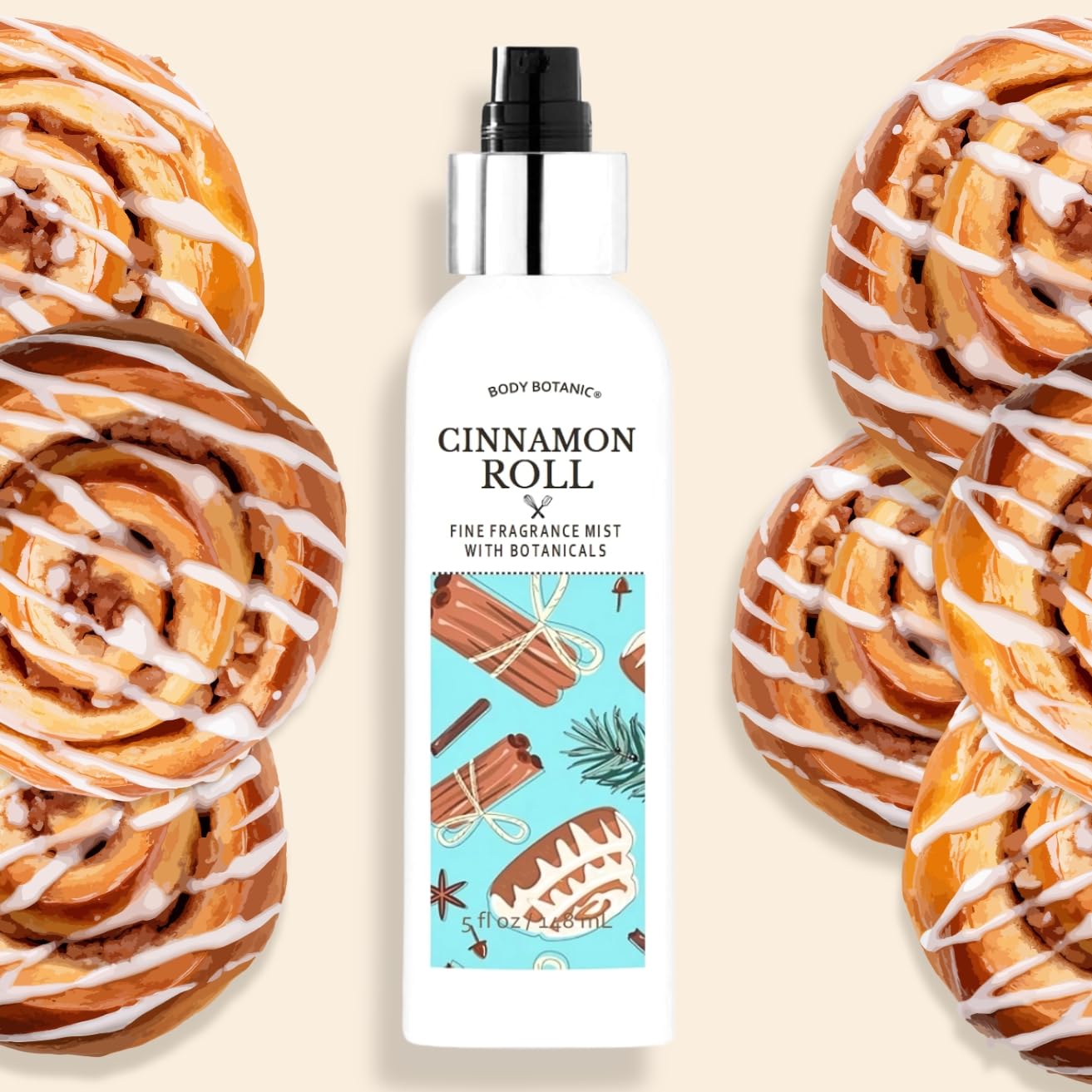 Cinnamon Roll ALCOHOL-FREE Perfume Fine Fragrance Mist by Body Botanic 5 Fl Oz 148 Ml ~ the Irresistibly Yummy Scent of Cinnamon Buns drizzled with Vanilla Buttercream Icing