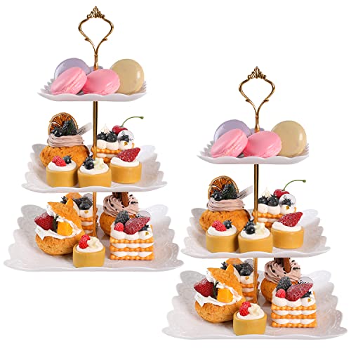 Barelove 3 Tier Plastic Cupcake Stand, Cake Display Tiered Serving Tray, 2 Pack Plastic Dessert Pastry Candy Platter Holder Tower for Wedding, Birthday, Tea Party, Baby Shower Decor (Square, White)