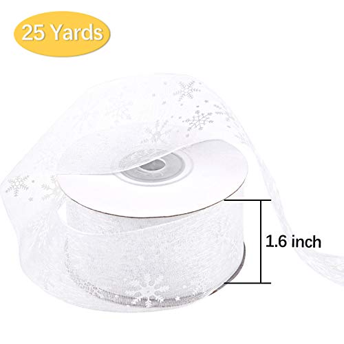 Livder 1.6 Inch Wide Christmas Snowflake Sheer Organza Ribbon for Xmas Gift Wrapping, Tree, Wreath, Party Decoration, 25 Yards (White)