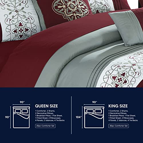 Chic Home BCS06738-AN Emily 20 Piece Comforter Set Color Block Floral Embroidered Bag Bedding, King, Burgundy
