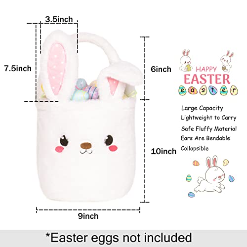 Bunny Easter Basket for Kids, Cute Plush Empty Bucket with Foldable Ears and Handle Egg Hunt Tote Candy Bag Basket for Boy Girl Teens Gift, Easter Basket Decor White 9×9 Inch