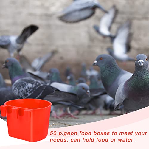 50 Pieces Cage Cups Plastic Hanging Bird Feeding Cups Universal Cage Cups Birds Feeders Seed Bowl Chicken Feeding Watering Dish with Hooks for Pet Pigeon Parrot Parakeet Poultry (Red)