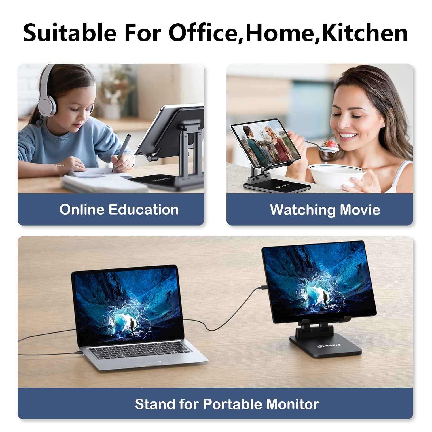 TriPro Tablet Stand -Portable Monitor Stand,4.72" Wide, Adjustable & Foldable, Super Sturdy, Holder for Desk Compatible with iPad/Tablets/Monitor 7"-15.6" and Surface Pro