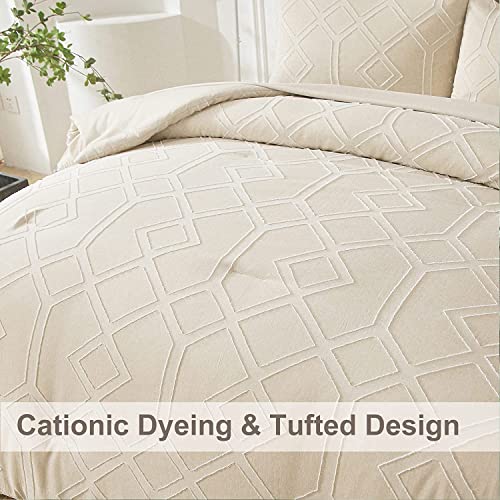 Dobuyly Cream Tufted Comforter Set Queen, 7 Pieces Bed in a Bag Boho Cream Beige Comforter Embroidery Shabby Chic Farmhouse Bedding Set, Soft Breathable Cation Microfiber Comforter Set