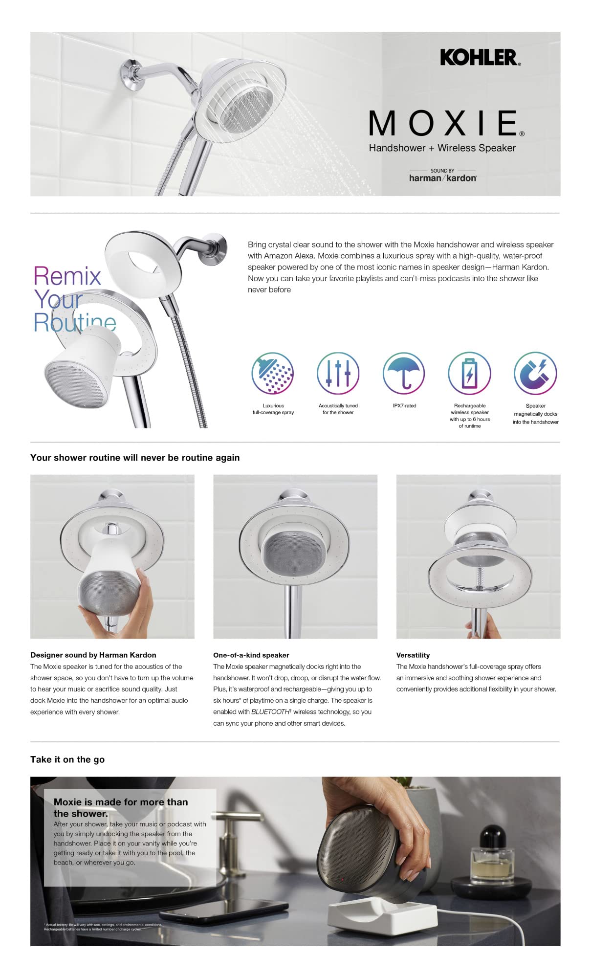 KOHLER 28241-GKE-CP Moxie 1.75 Gpm Handshower and Wireless Speaker, Polished Chrome