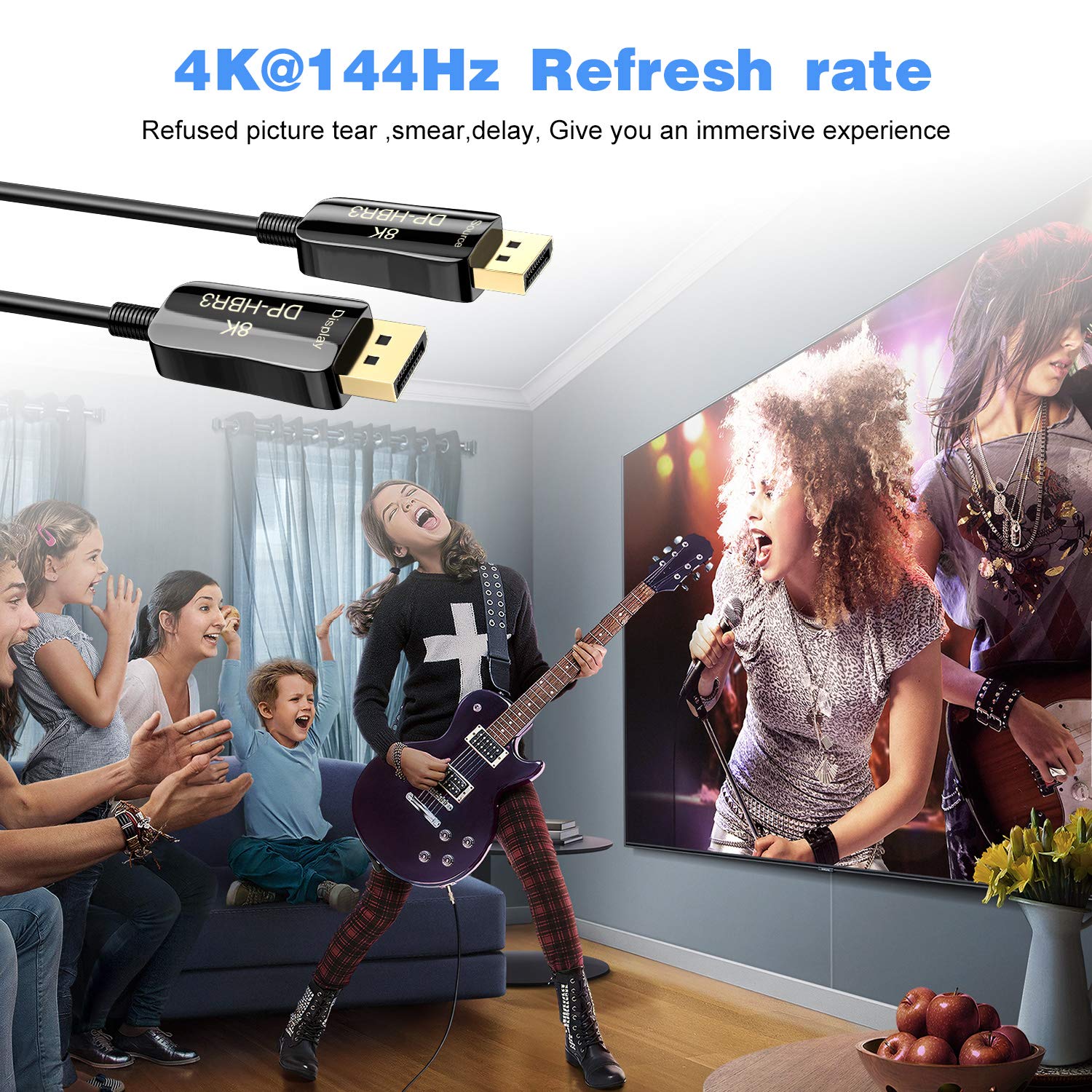 CABLEDECONN Fiber 8K 4K DisplayPort Cable DP 1.4 HBR3 8K@60Hz 4K@144Hz High Speed 32.4Gbps Optical Fiber Slim and Flexible DP to DP Cable 15m 50ft