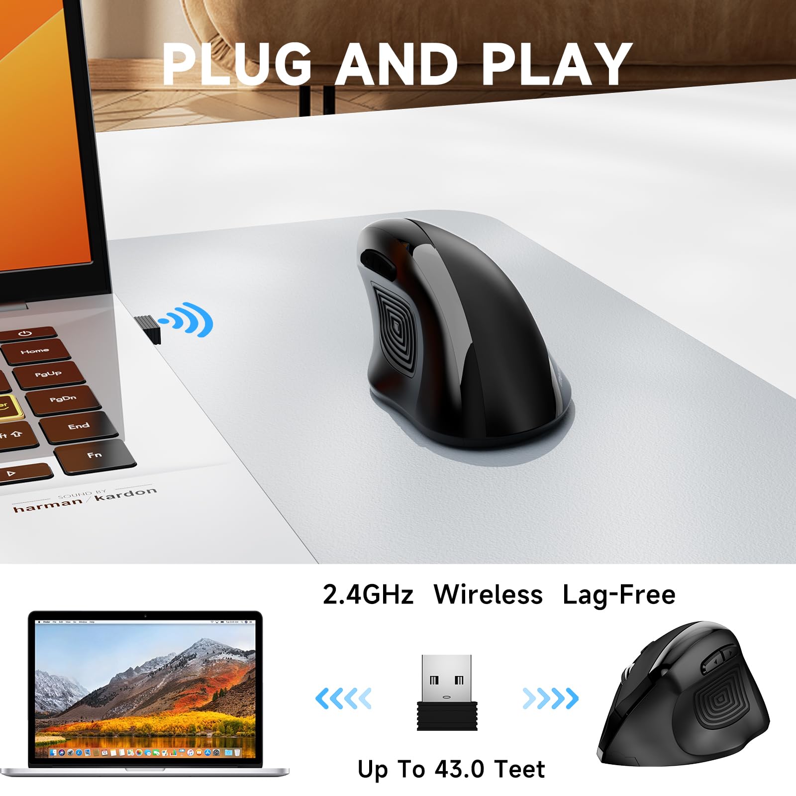 memzuoix Wireless Ergonomic Mouse,Upgraded 2.4G Optical Cordless Mice with 800/1200/1600 DPI,Vertical Computer Wireless Mouse for Laptop,Mac,PC,Desktop (for Right Hand,Large),Black Mouse