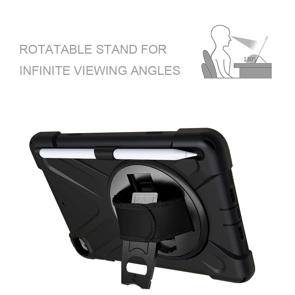 ZenRich iPad Mini 5/ iPad Mini 4 Case with Pencil Holder, Heavy Duty Shockproof Rugged iPad Mini 7.9 Inch Case with Hand Strap/Kickstand-Black