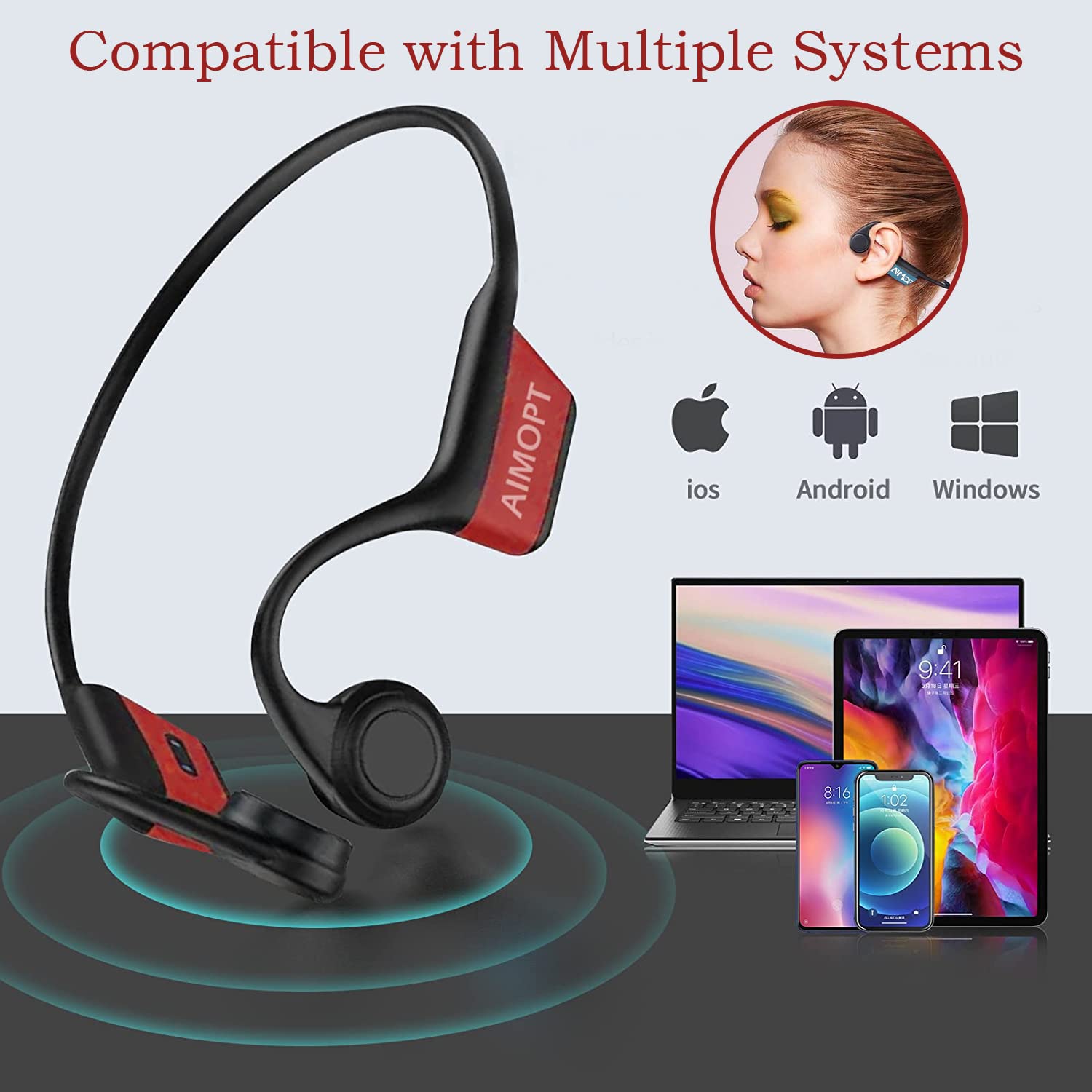 Aimopt Bone Conduction Headphones,Open Ear Headphones Wireless Bluethooth 5.3 Running Headphones,IPX6 Waterproof Bluetooth Headset for Workouts, Night Running, Cycling, Driving (Red)