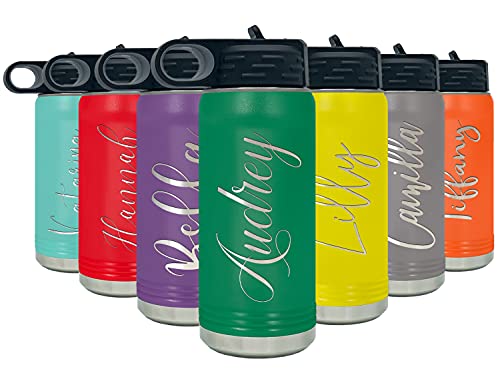 Personalized Bottle 20 oz with Straw Green Custom Laser Engraved Stainless Steel Vacuum Insulated Sport Bottle with Name