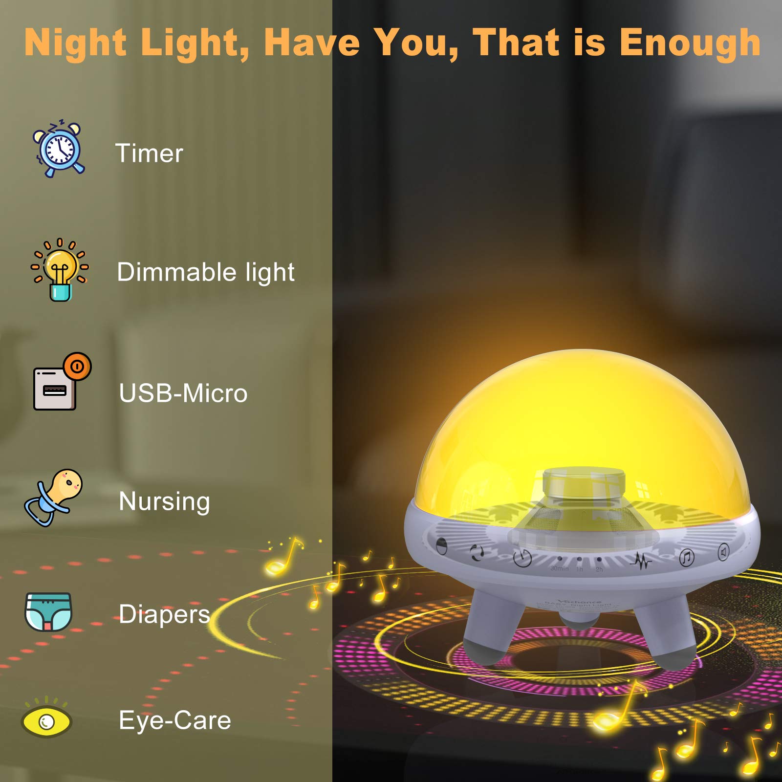 YACHANCE Night Light for Kids White Noise Sound with Color Changing Dimming Function Baby Night Light Rechargable Touch Control 31 Nice Sounds,3 Night Modes,7 Color and 256 RGB,...Purple