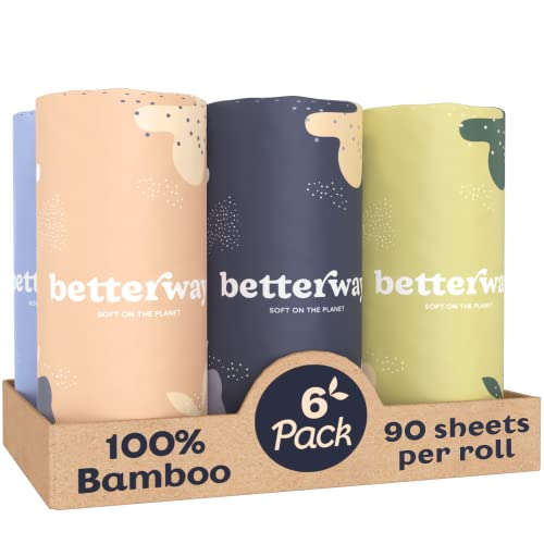 Betterway Bamboo Paper Towels - 6 Rolls, 2 Ply - Plastic Free, Disposable Kitchen Paper Towels - Select Size, Tree Free, Compostable, Strong & Absorbent - Sustainable Product w/Eco Friendly Packaging