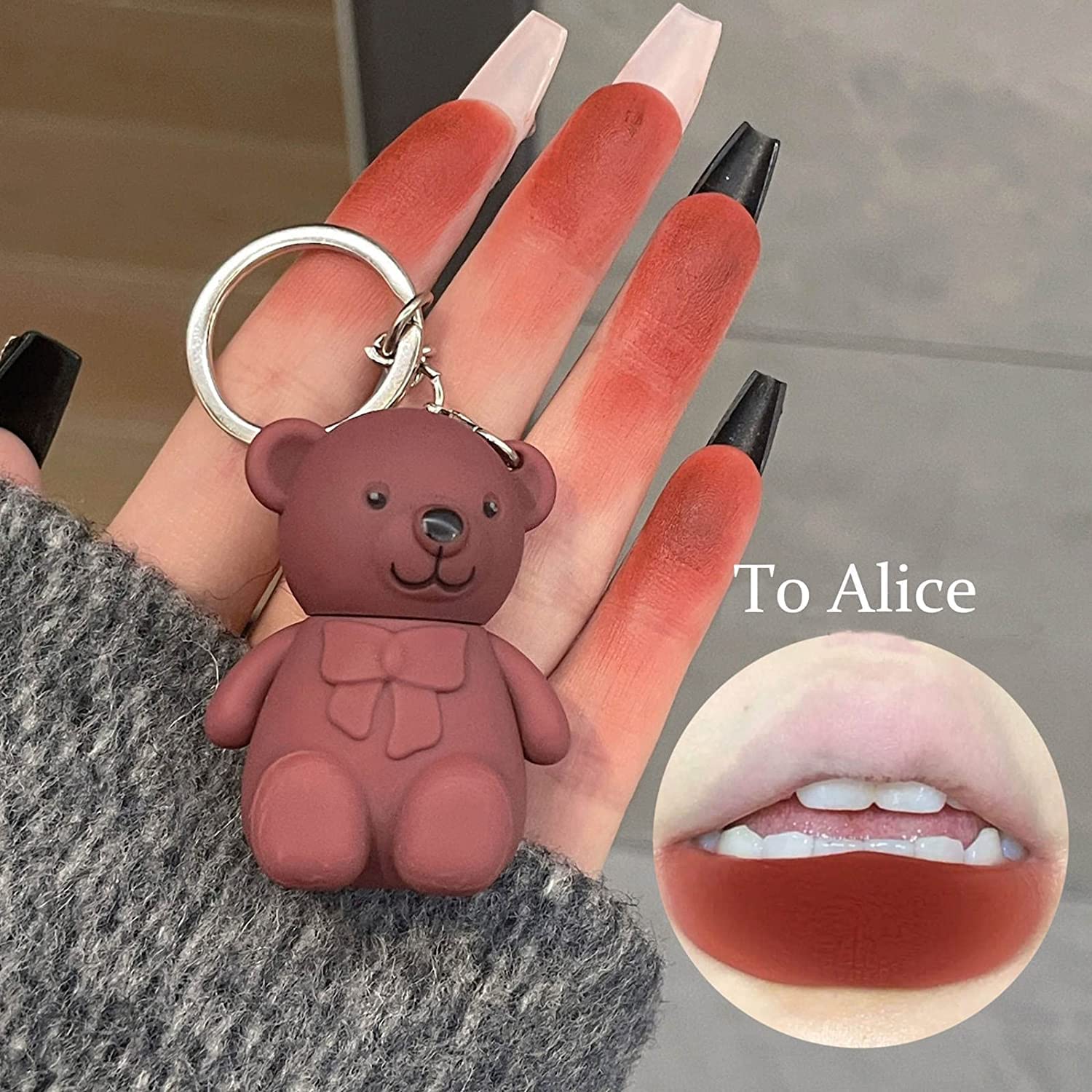 2Pcs Keychain Bear Lipstick, 2 in 1 Keychain Bear Lipstick, Spray Matte Velvet Lip Gloss, Waterproof Long Lasting Bear Lip Gloss with Keychain, Cute Bear Beauty Cosmetics