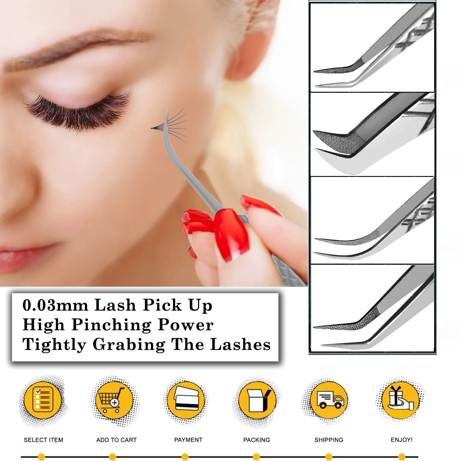 M LASH Tweezers for Eyelash Extensions (Set of 4) - Professional Lash Extension Tweezers - Fiber Tip, Japanese Steel, Diamond Grip Eyelash Extension Tweezer (Silver)