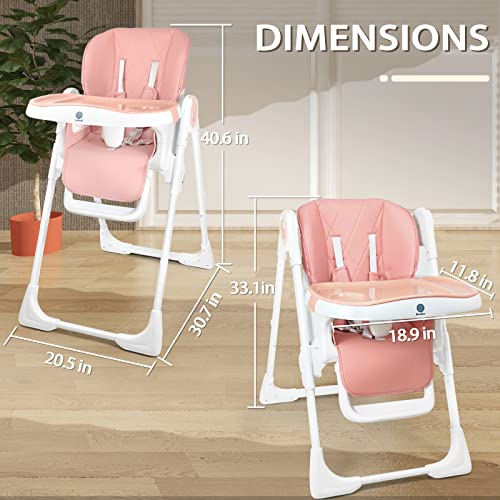 Babilous 4 in 1 Baby High Chair Foldable Booster Seats, Portable and Compact Adjustable High Babychair for Babies and Toddlers - Multiple Heights and Positions(Pink)