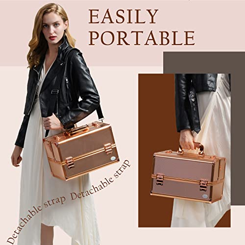 Joligrace Makeup Train Case Professional - 13.5 Inch Portable Artist Lockable Aluminum Cosmetic Organizer Storage Box with 4 Adjustable Dividers Trays 2 Locks and Shoulder Strap Rose Gold