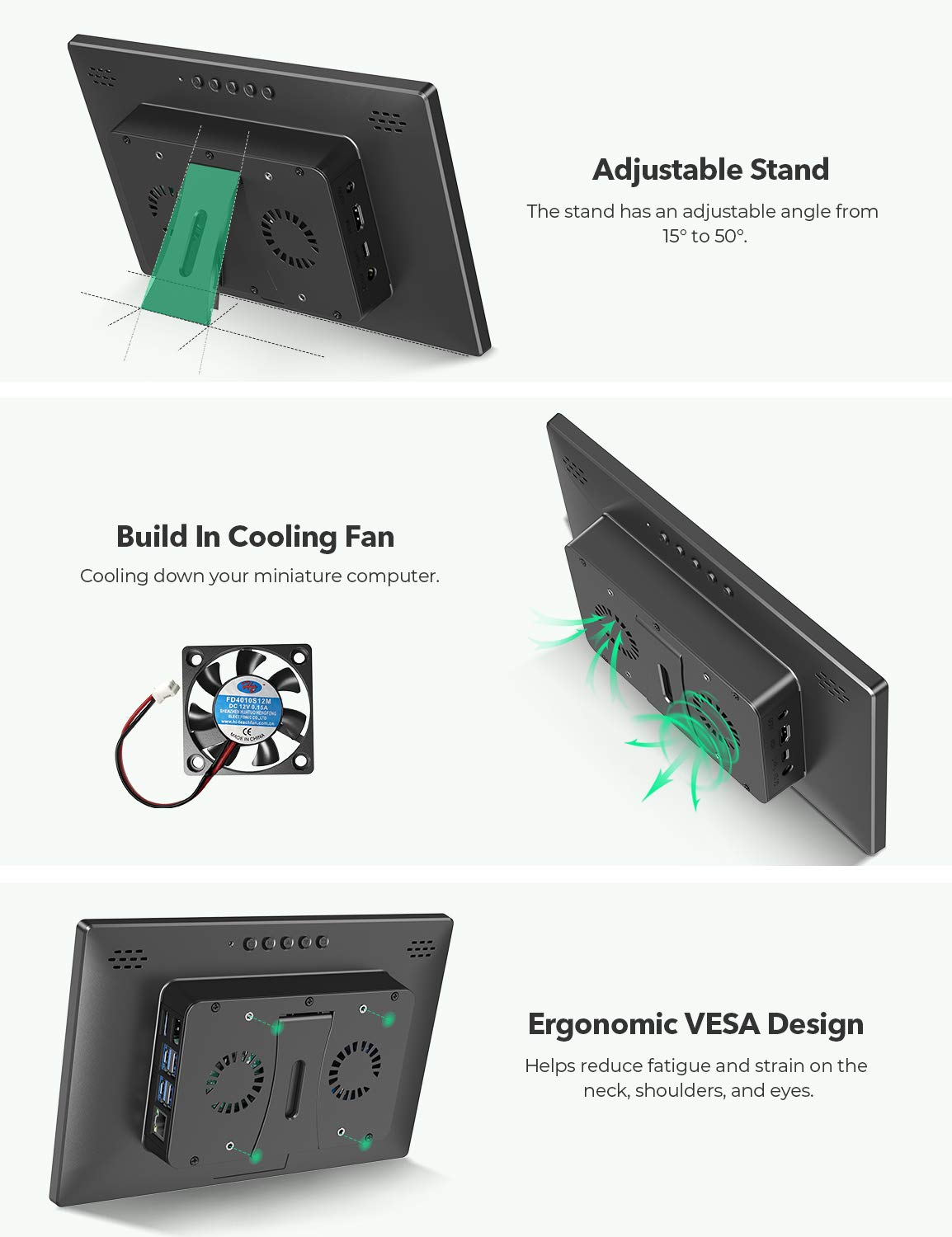 UPERFECT Raspi Touchscreen Monitor with Case & Fan & Stand 10.1’’ 1366 * 768 Ultra Wide 370Nits IPS Screen for Raspi 3/4/4b/5, w/10-Point Touch, VESA, Dual Speakers, Type-C & HDMI Ports