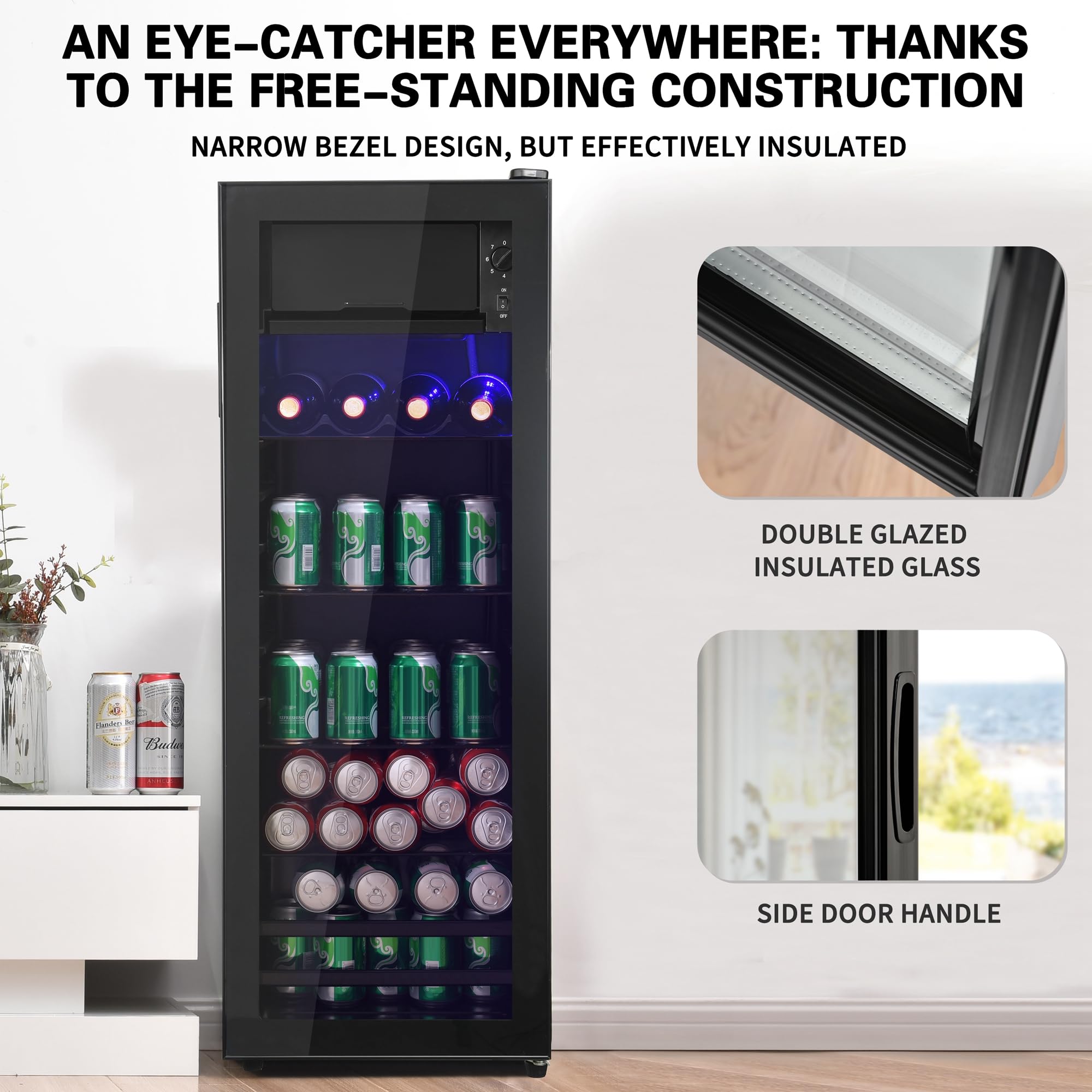 LZ LEISURE ZONE 4.5 Cu.ft Mini Beverage Refrigerator with Freezer, Up to 94 Cans of Soda, Beer or Wine, Fridge with LED Lighting, Silent, Energy-saving, Small Refrigerator for Bedroom/RV/Office