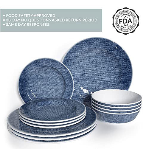 Barnyard Designs 12-piece Melamine Dinnerware Set, Durable Chip-Resistant Dishware for Indoor/Outdoor Use, Farmhouse Dishes, Service for 4, Denim Blue, (Dinner Plate: 11β, Salad Plate: 8.5β, Bowl: 7β)