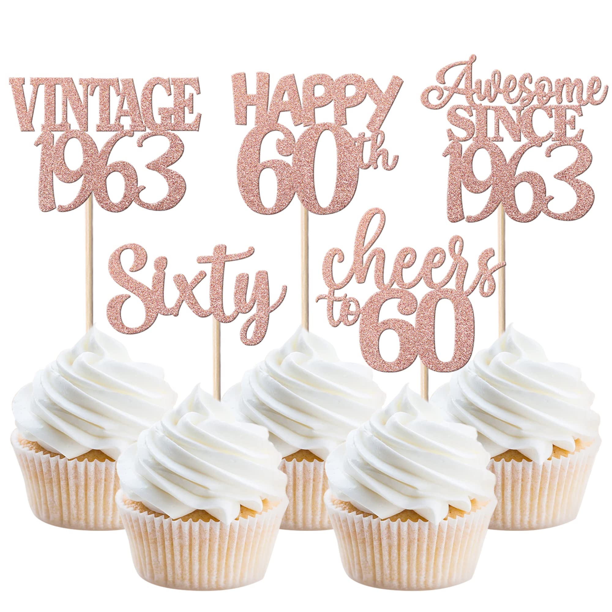30 Pack Vintage 1963 Cupcake Toppers Glitter Happy 60th Sixty Awesome Since 1963 Cupcake Picks 60 Fabulous Cake Decorations for 60th Birthday Wedding Anniversary Party Supplies Rose Gold
