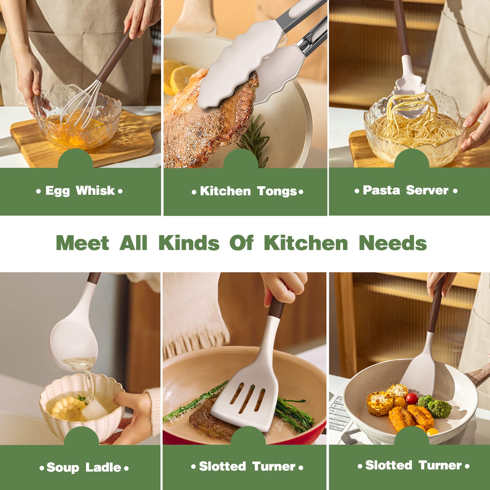 33 Pcs Silicone Kitchen Utensils Set, Khaki Kitchen Cooking Utensils Set with Black Natural Walnut Hard Wood Handle, Silicone Utensils Set with Holder, Heat Resistant, BPA Free, Non Toxic