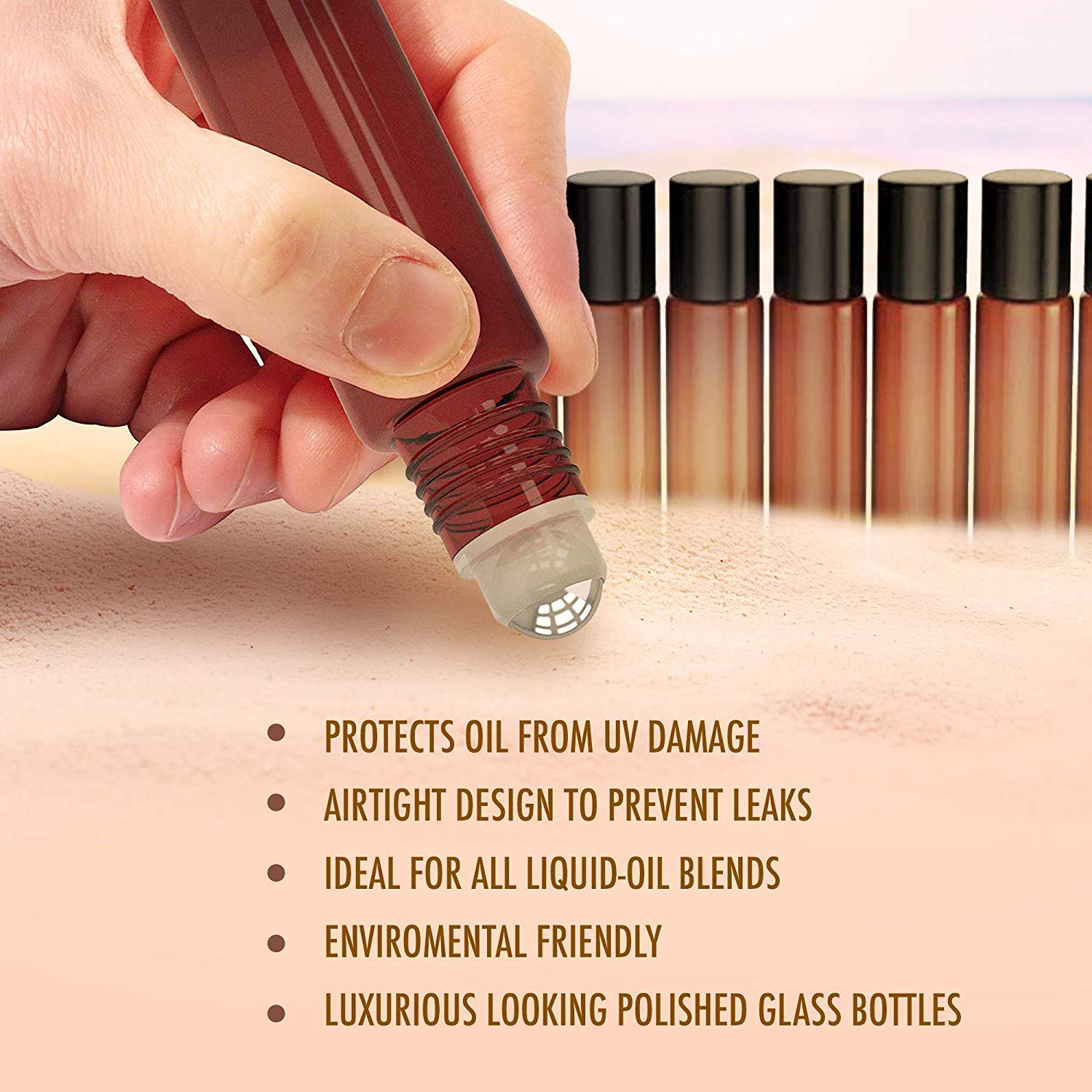 Nylea 8 Pack - Essential Oil Roller Bottles [Metal Chrome Roller Ball] FREE Plastic Pippette Refillable Glass Color Roll On for Fragrance Essential Oil - 10 ml 1/3 oz (Amber)