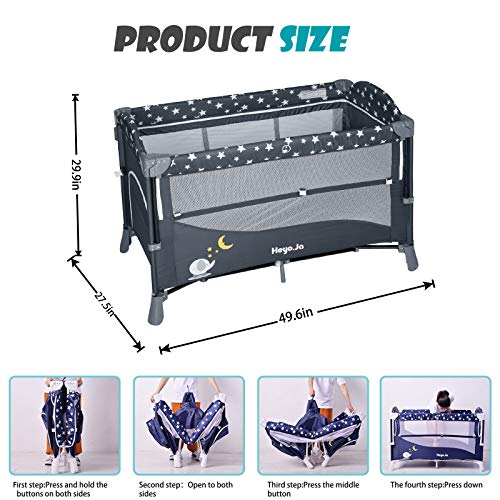 Heyo.Ja Portable Baby Playard, 4 in 1 Convertible Pack and Play with Bassinet, Nursery Center with Comfortable Mattress, 5 Height Adjustable Bedside Crib (Grey)