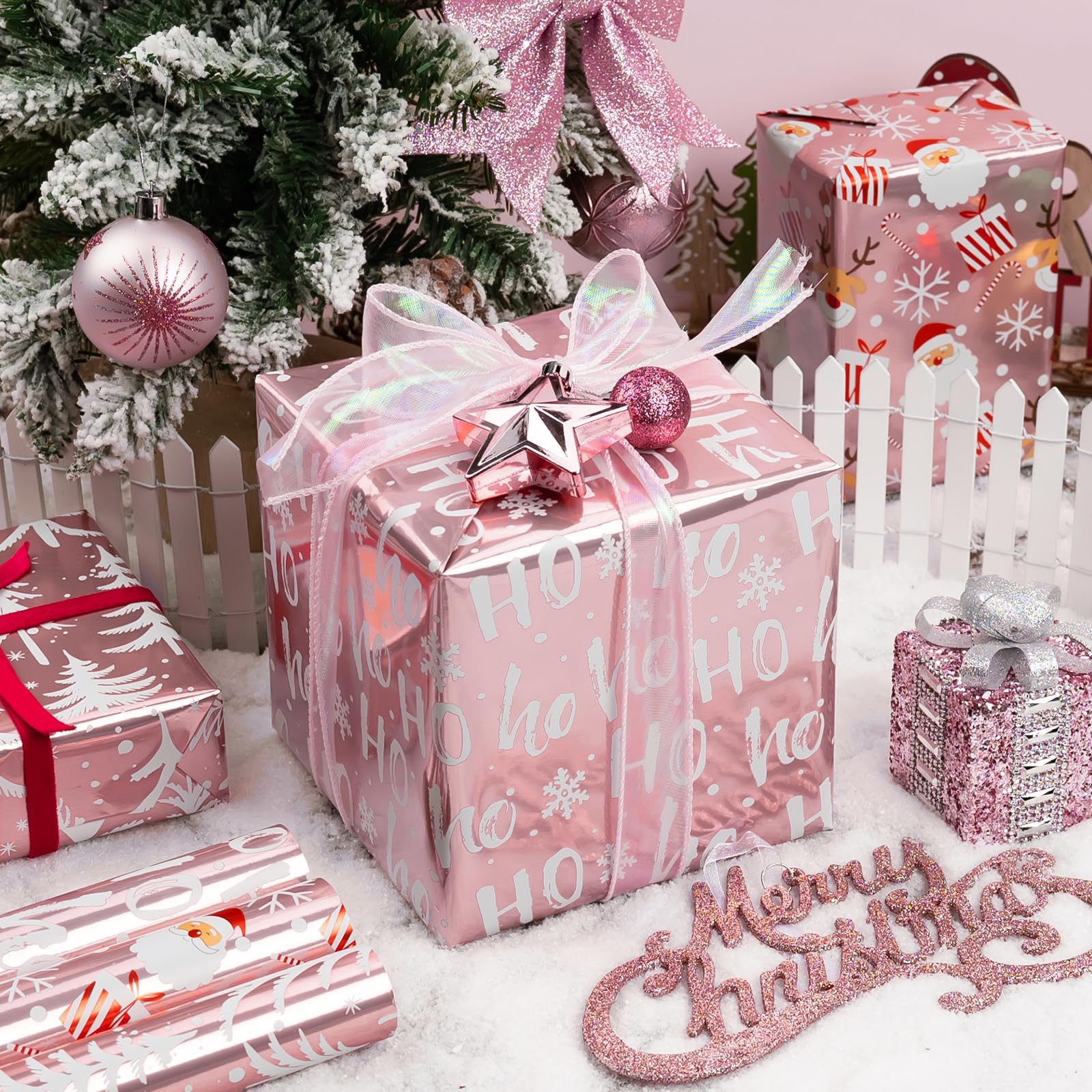 Afucus Reversible Pink Christmas Wrapping Paper, Christmas Tree, Joy Candy Cane, Snowflake, Reindeer, and HO Santa Laughter Themed Gift Wrap Paper, Mini Rolls for Christmas (17 Inch X 120 Inch)