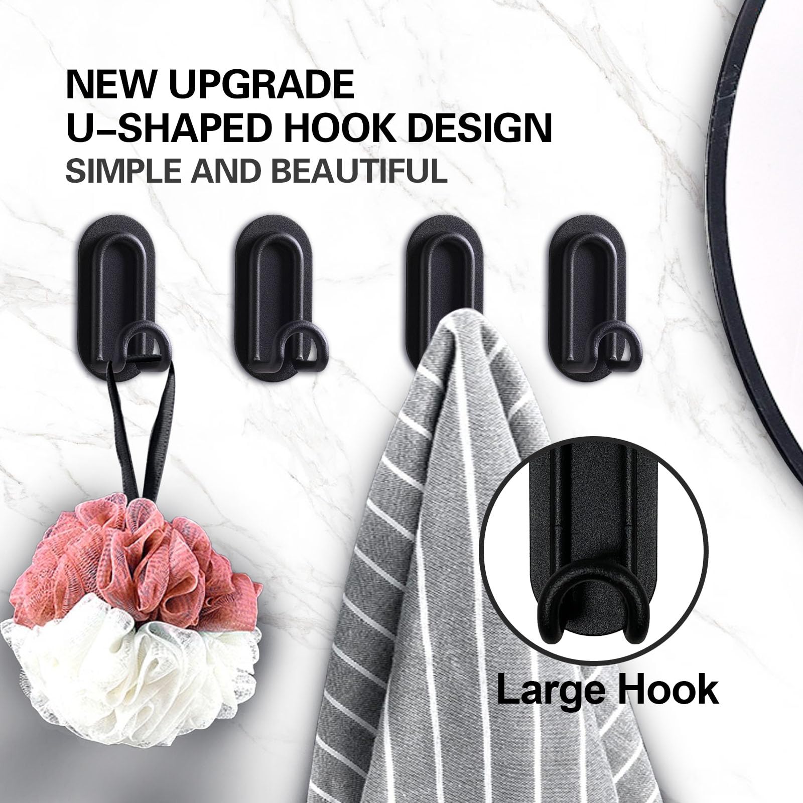 XZHXFXAdhesive Hooks,Matte Black Towel Hook,Sticky Hanger for Kitchen and Door,Bathroom Wall Hooks for Hanging Towel Robe Hat Coat Key,4Packs (Black)