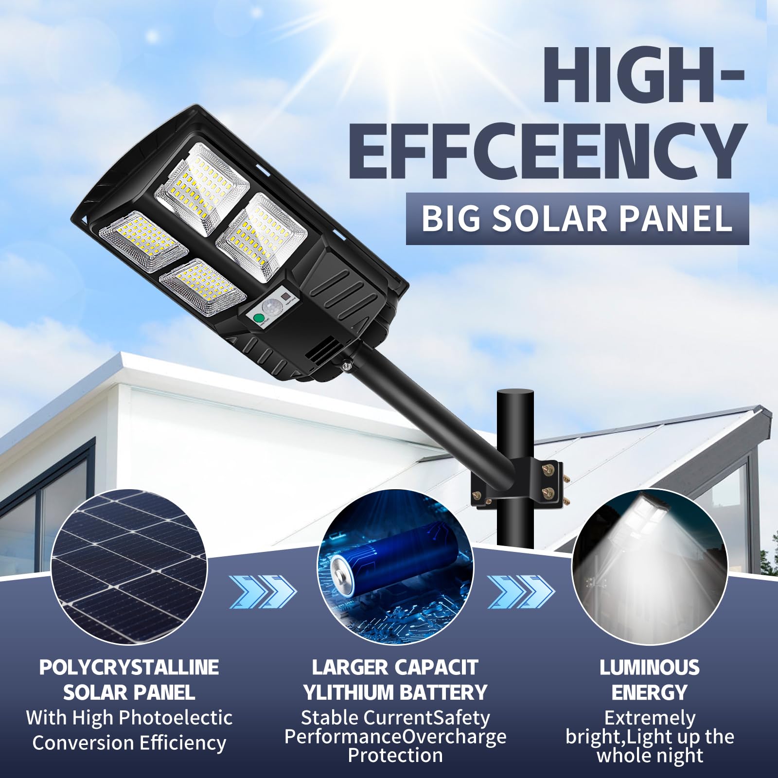 megarte Solar Street Lights Outdoor - 400W Solar Parking Lot Lights, 7000K LED Solar Lights, Motion Sensor, IP65 Waterproof, Dusk to Dawn Solar Lights with Remote Control - 1 Pack